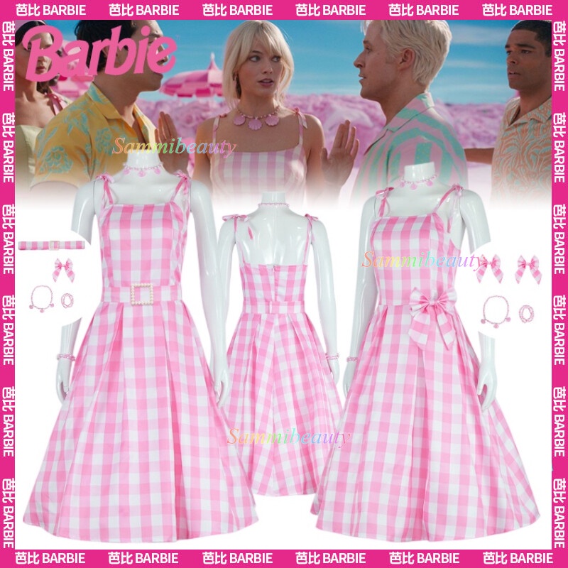 Movie Barbie Pink Dress Cosplay Costume Pink Plaid Princess Skirt Women ...