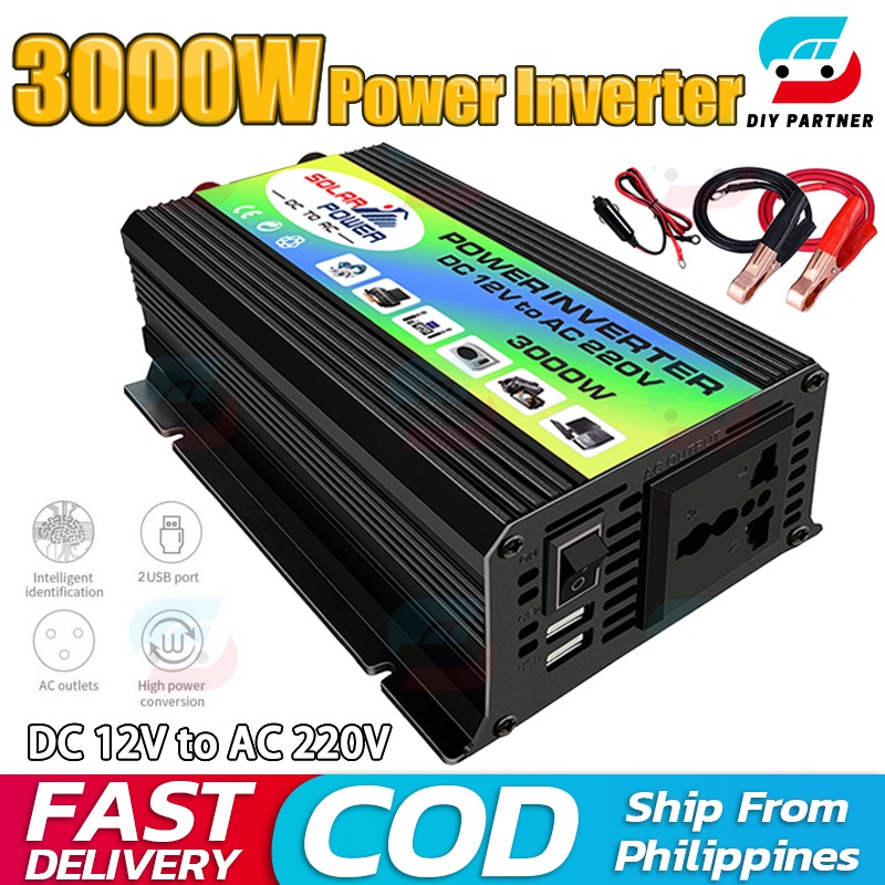 3000W Power Inverter DC Modified Sine Wave Solar Converter DC 12V to AC ...