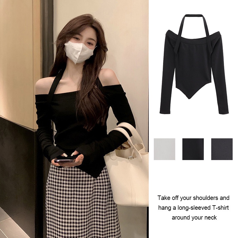 Off Shoulder Hanging Neck Long Sleeve T-shirt Women Short Underlay ...
