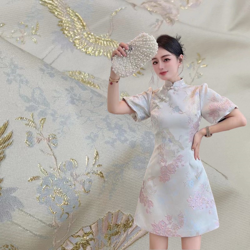 New Chinese fan crane jacquard fabric embossed cloth diy cheongsam ...