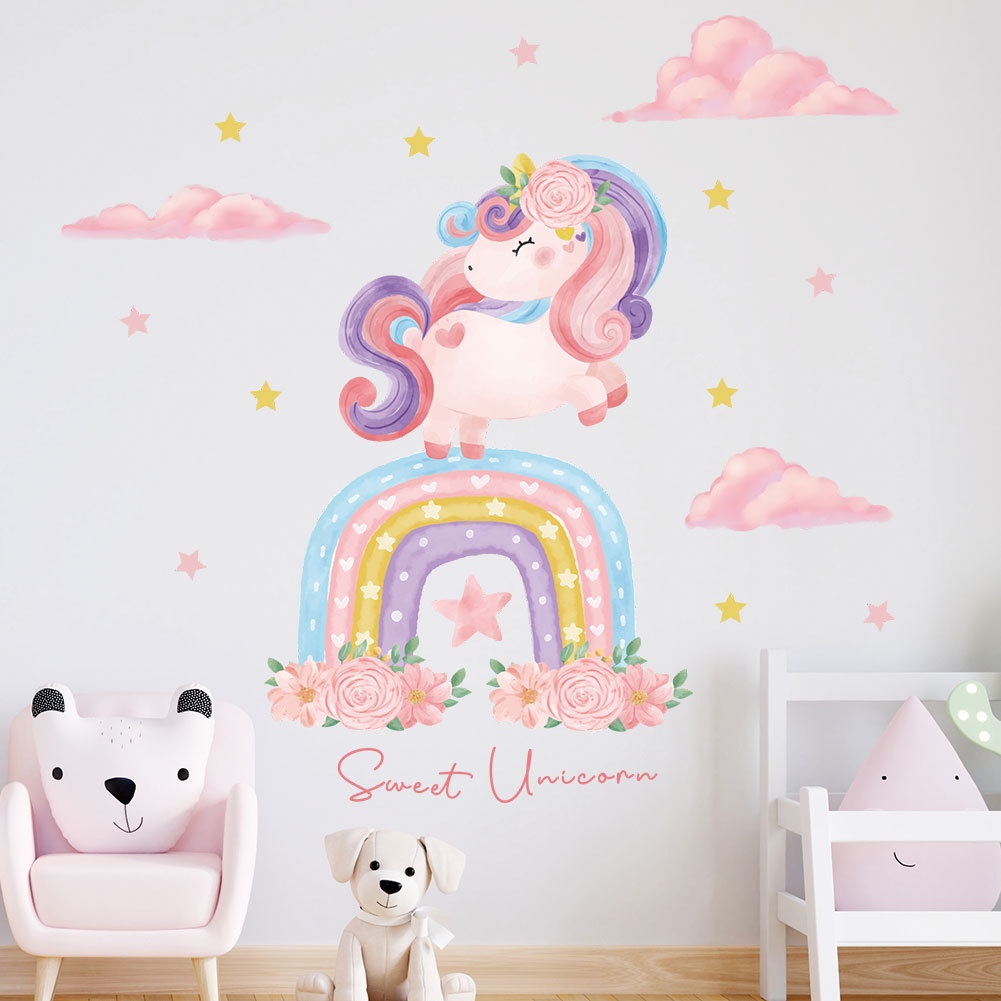 PVC wall sticker Cute Cartoon rainbow unicorn wall stickers children's room layout kindergarten ...