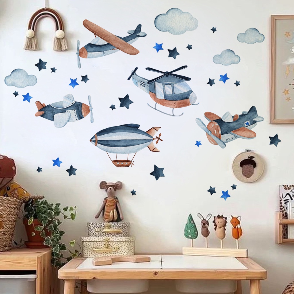 Wall Stickers Airplane Clouds Stars Blue Wall Stickers Children's Room ...