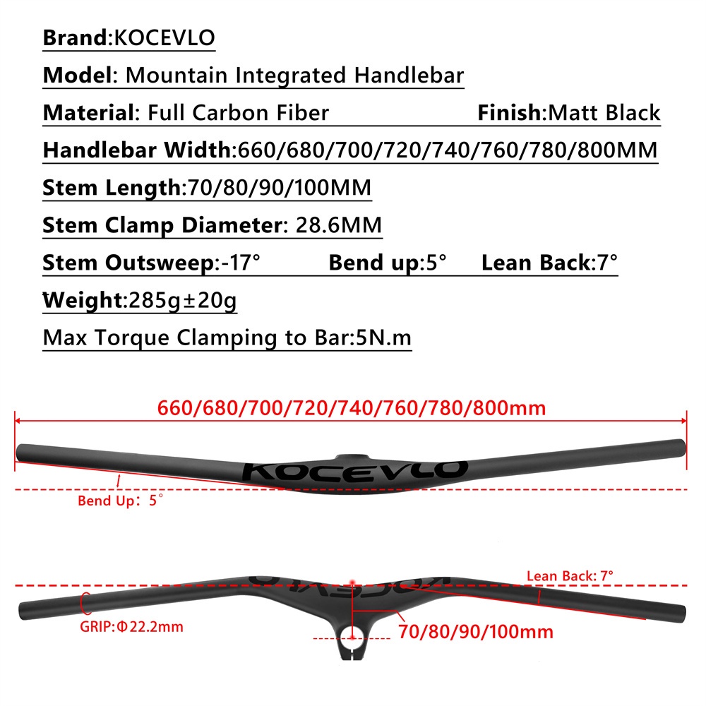 KOCEVLO Carbon Bicycle Handlebars Riser -17 Degree One-Shaped Bar Mtb ...