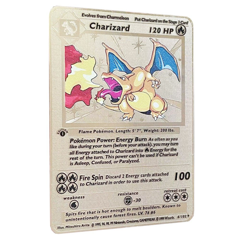 Classical Charizard Golden Pokemon Cards in English Iron Metal Pokmo ...