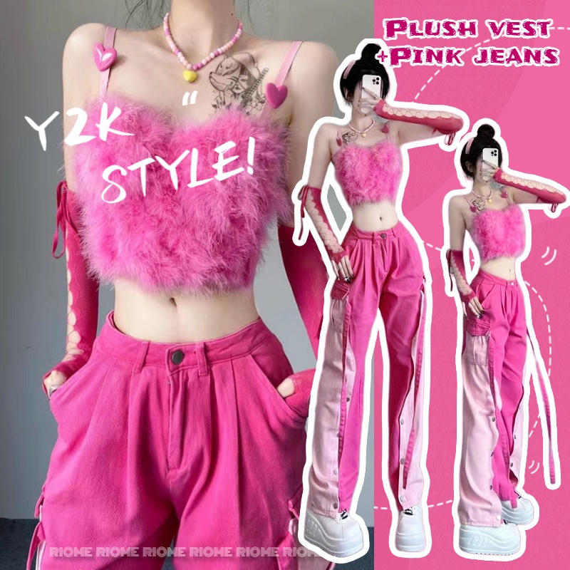 Pink splicing Cargo pants y2k Women's Spring Summer Cotton Contrast ...