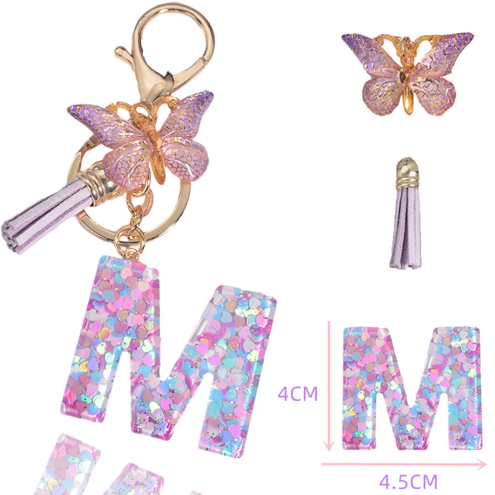 Initial Letter Keychains For Women Tassel Butterfly Purple Cute Car Key ...