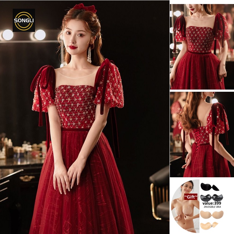 Red Puff Sleeve Gown For JS Prom Dress Long Elegant Dress Birthday ...