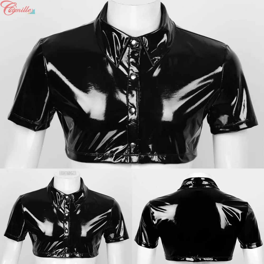 Men Crop Tops Wet Look PVC Blouse Faux Patent Leather Shirt Jacket Coat ...