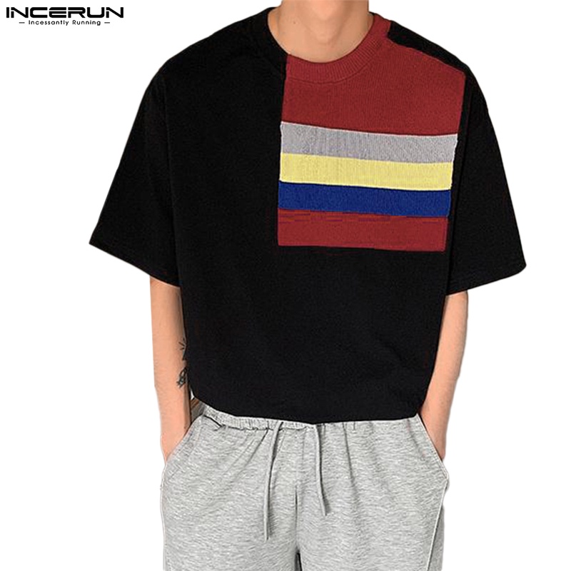 INCERUN Men's Retro Panel Design Small Panel Color Short Sleeve T-Shirt ...