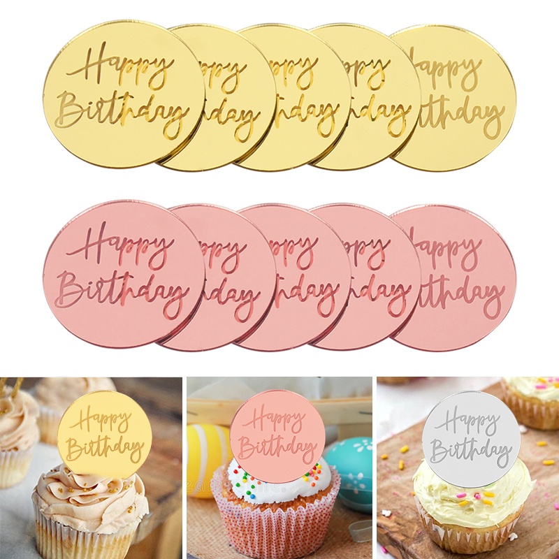 3Pcs Happy Birthday Cupcake Toppers Gold Acrylic Circle Dessert Cake ...
