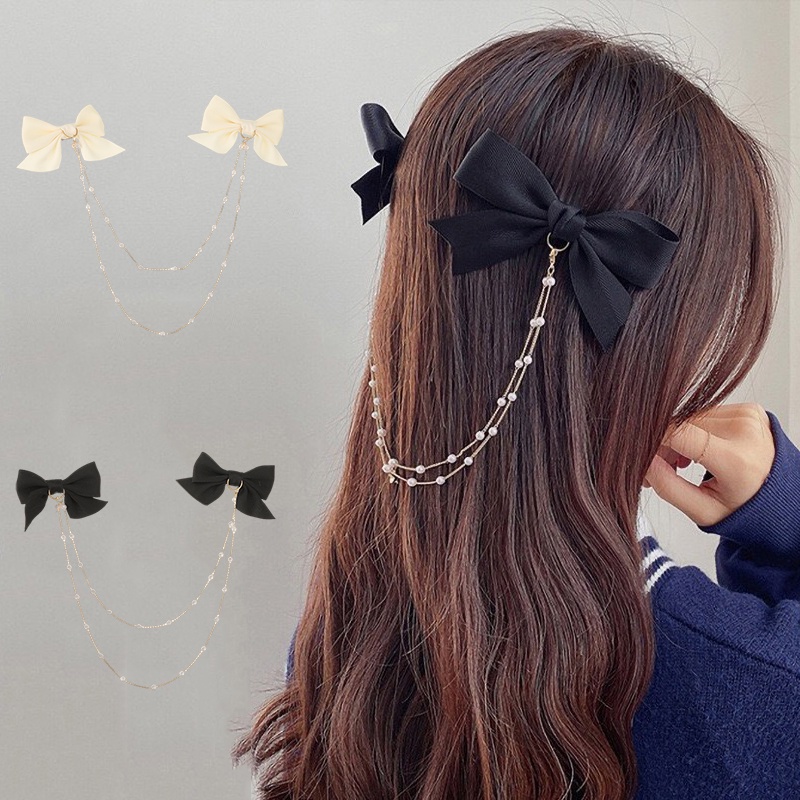 AIJOLEN New Fashion Bow Pearl Chain Hair Clips Sweet Temperament Girls ...