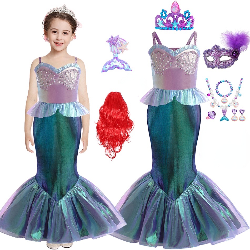 DYAA Mermaid Dress For Girls Sling Princess Costume Pearl Ruffles Slim Frocks Summer Children ...