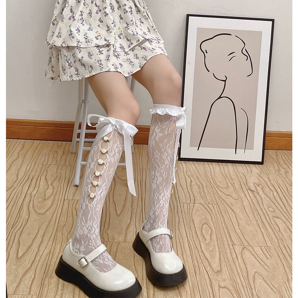 Lolita White Mid Bow Socks Summer Thin Section Hollow Lace Satin Strap ...