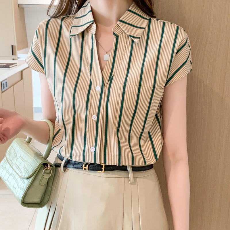 Ready stock women's striped short-sleeved chiffon shirt summer casual ...