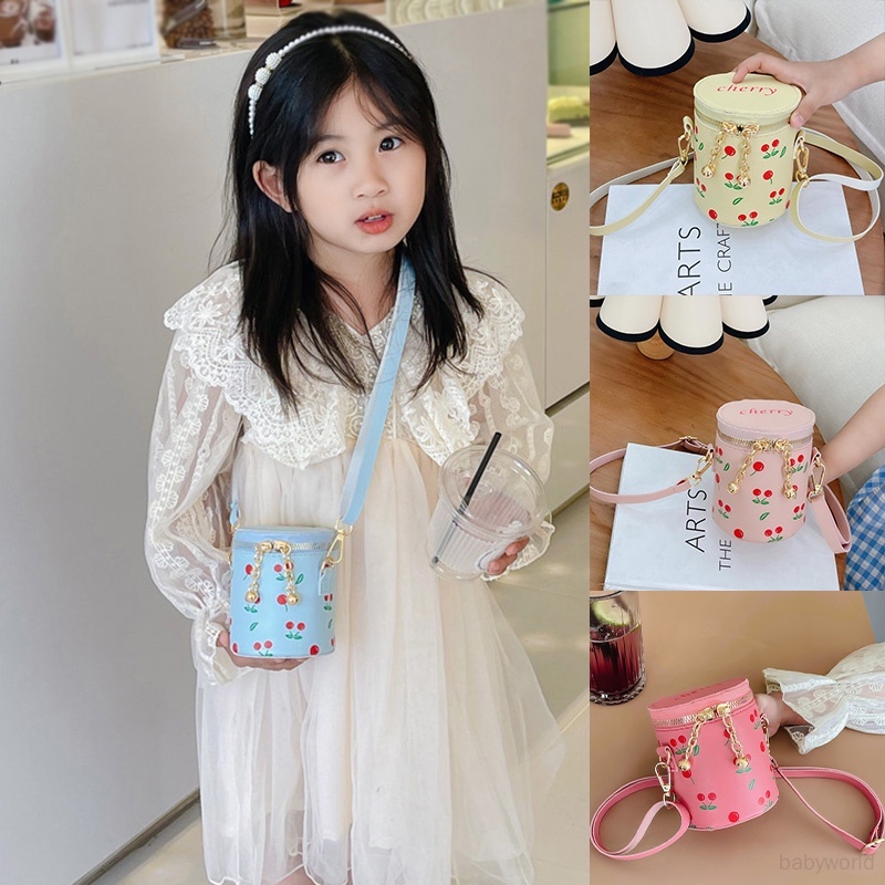 Kids girl crossbody bag girl PU bucket bag cherry print princess ...