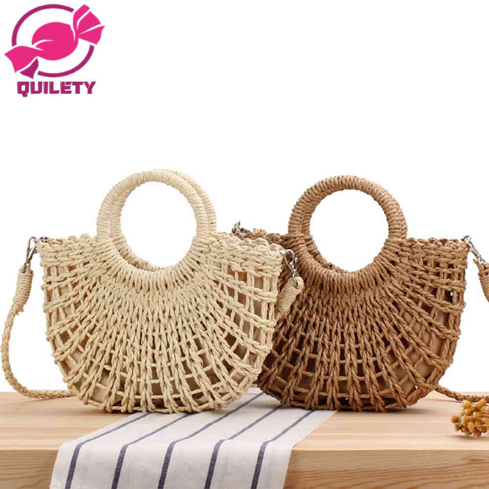 Women Straw Casual Messenger Bag Drawstring Woven Tote Bag Summer ...