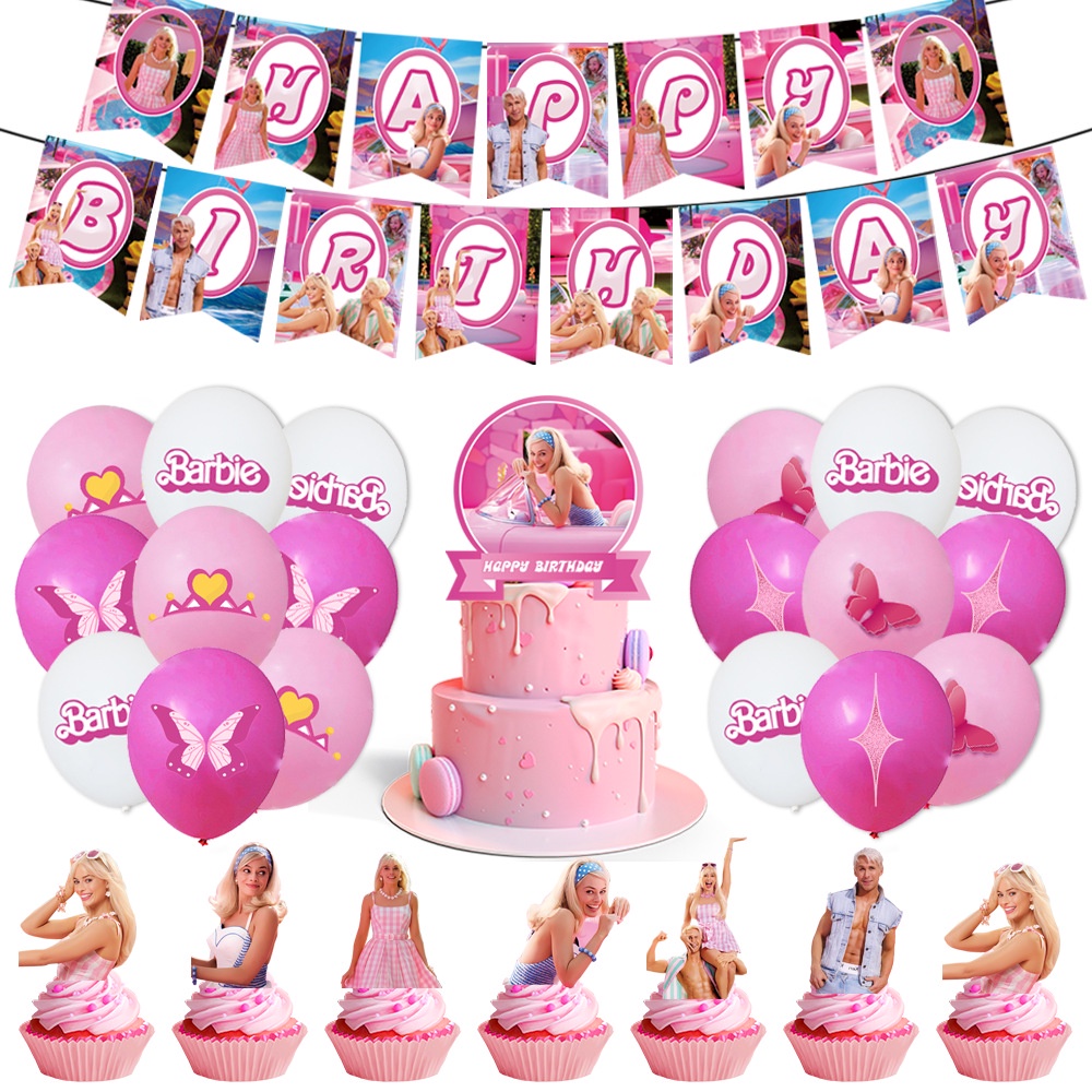 Barbie Birthday Theme Balloons Banner Cupcake Topper Girl Party Baby ...