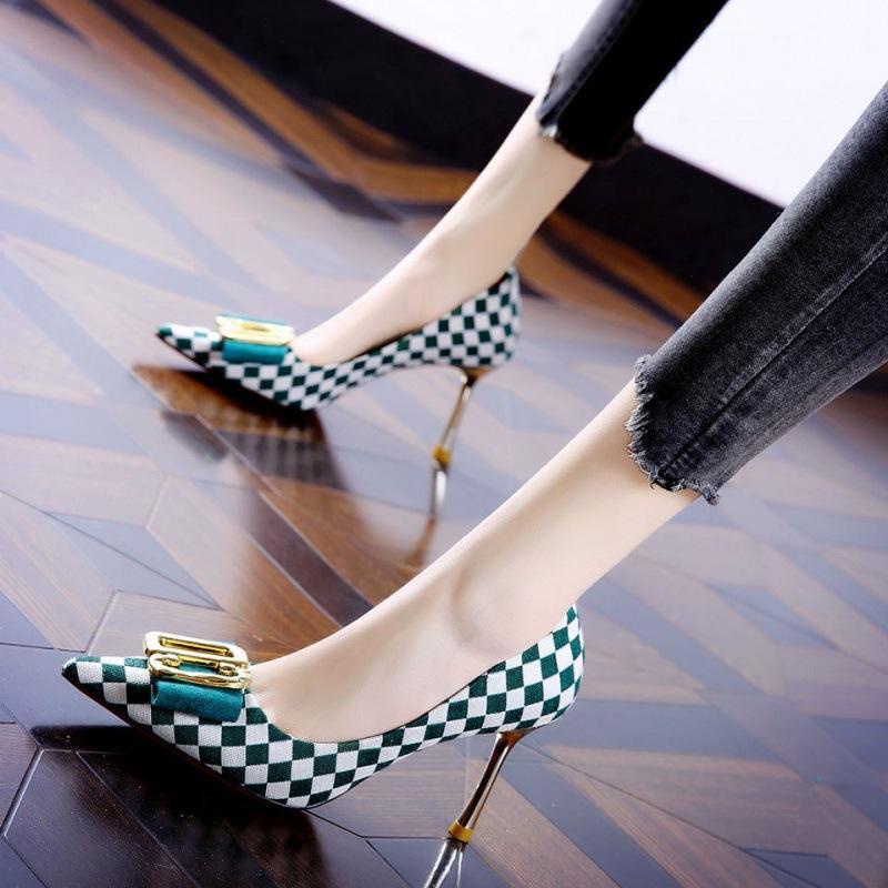 British Color Matching Plaid Pointed High Heel Shoes with Metal Buckle ...