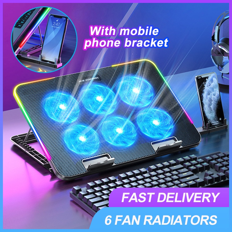 6Fan Foldable Laptop Cooler Pad Two USB Quiet Fans RGB Light 8-gear ...