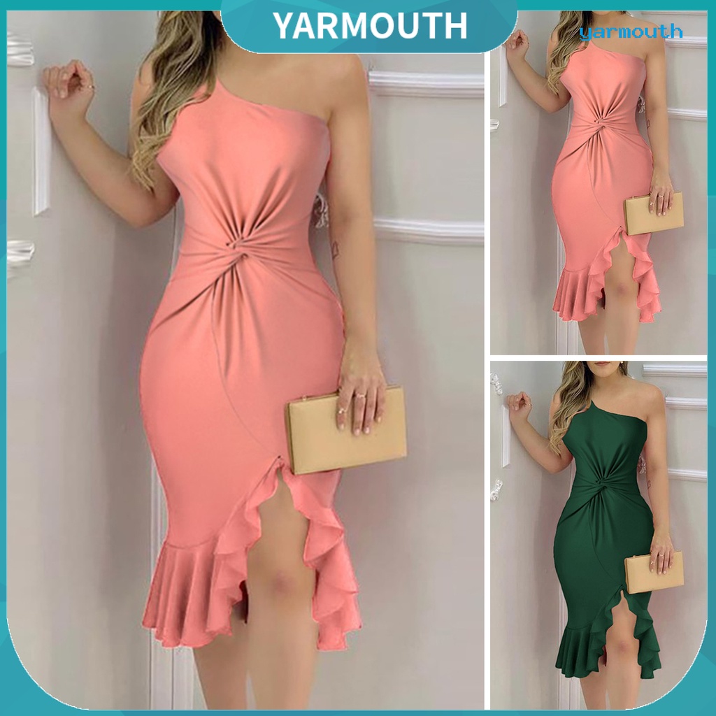 YYR--Bodycon Dress Slit Irregular Hem Ruffled-hem Twisted Waist One ...