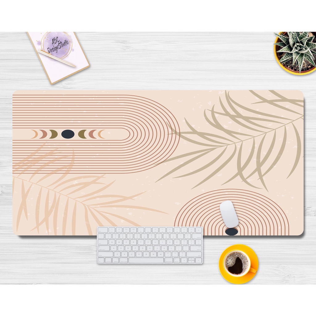 Boho Rainbow and Moon Phases Floral Desk Mat, Boho Pastel Desk Mat ...