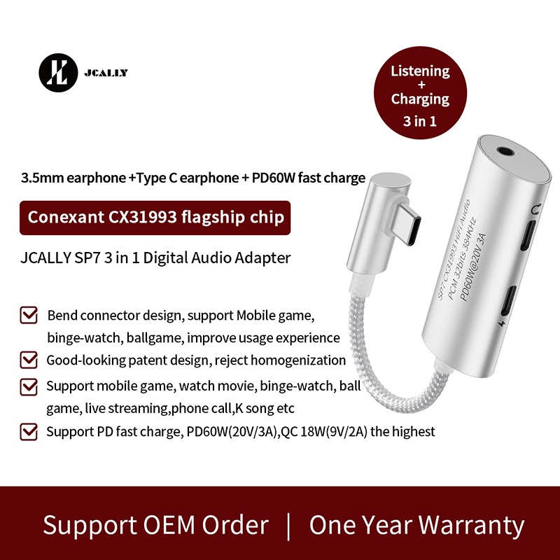 JCALLY SP7 CX31993 Audio Adapter with 3.5mm Type-C Support PD 60W ...