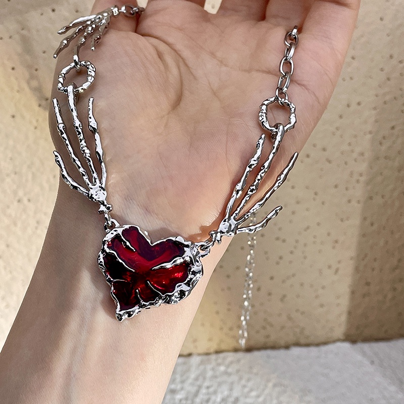 Gothic Red Peach Heart Pendant Necklaces Sliver Ghost Claw Love Short ...