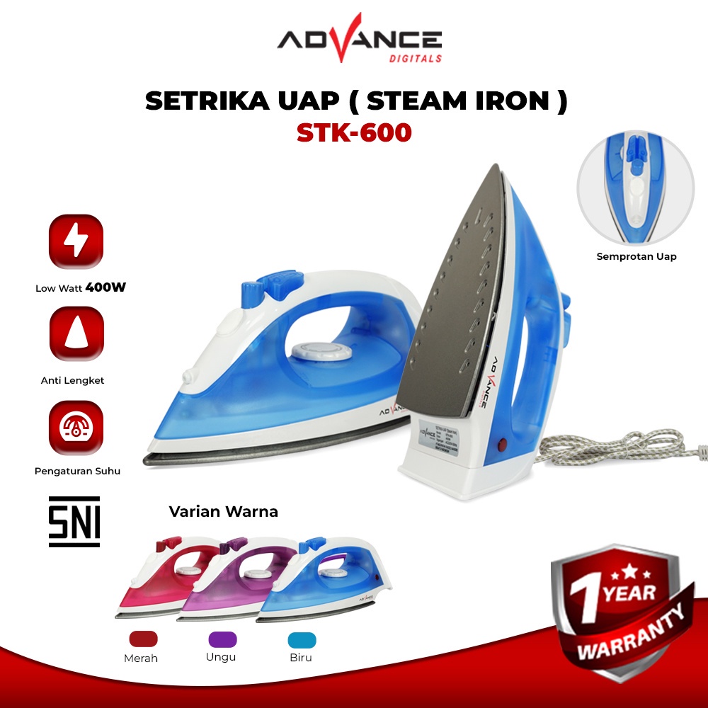 Advance Non-Stick Electric Steam Iron STK-600 400w Electricity Saving 1 ...