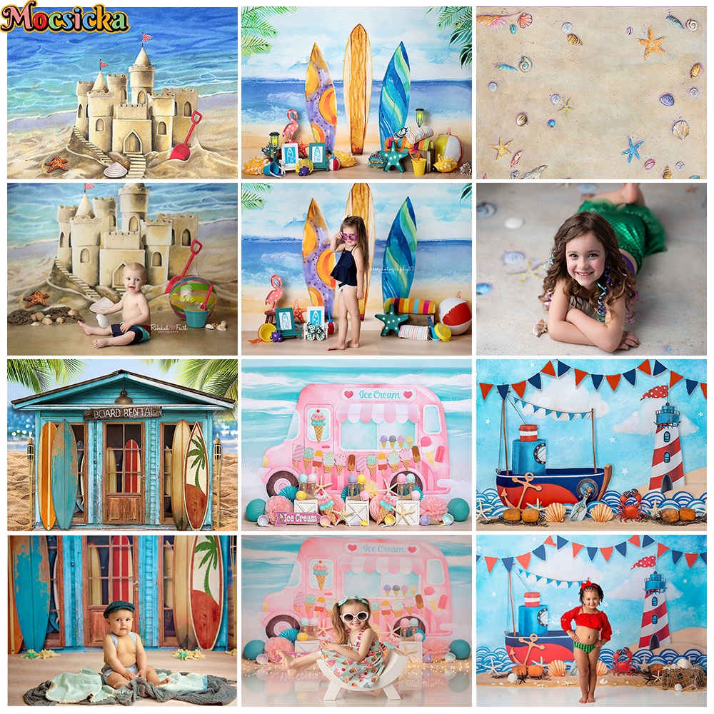 Summer Beach Backdrops For Photography Sunset Sandcastle Surfboard ...