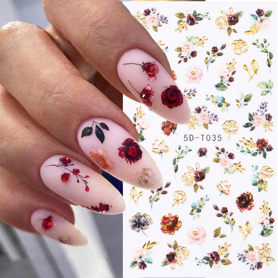 Red Rose 5D Nail Stickers Bronzing Green Blue Leaves Charms Adhesive ...