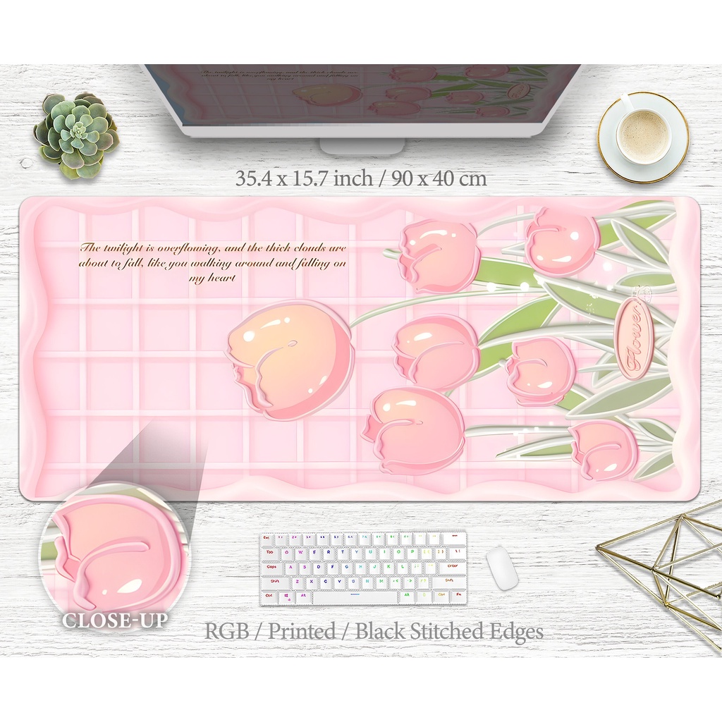 Cute Desk Mat Pink Tulips with quote Large Gaming Mousepad with wrist ...