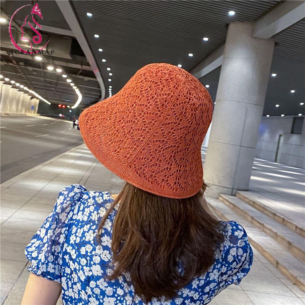 OCEANMAP Bucket Hat Casual Style Girl Pure Color Caps Hollow Knitted ...