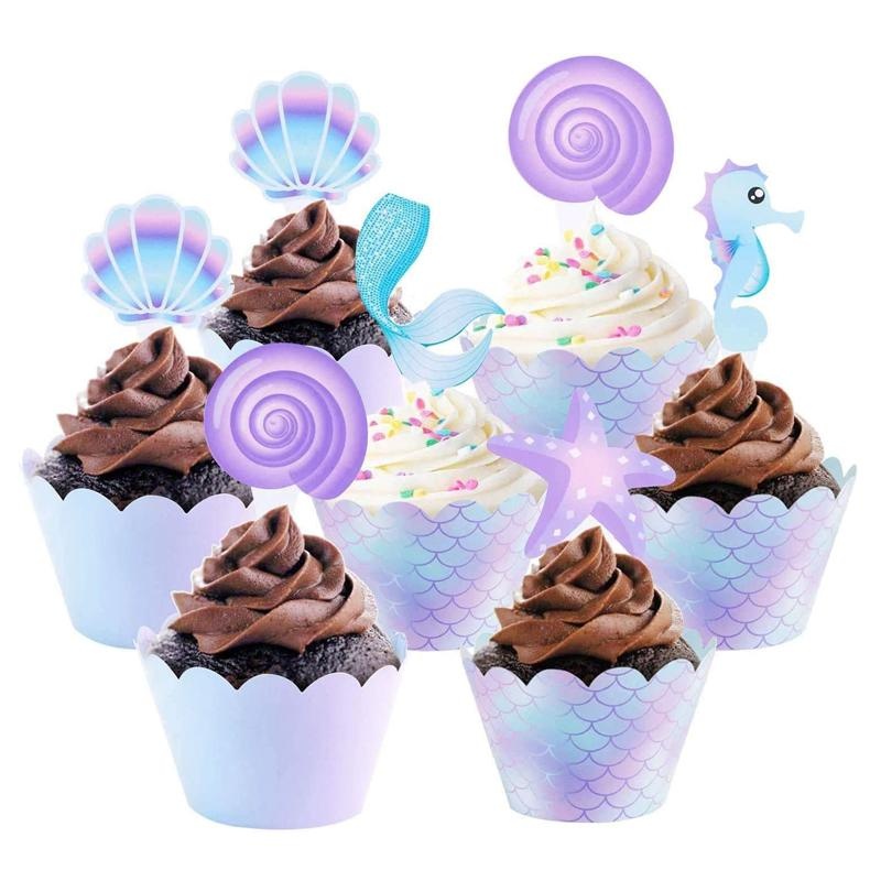 20Pcs Cupcake Toppers and 20Pcs Wrappers for Mermaid Theme Birthday ...