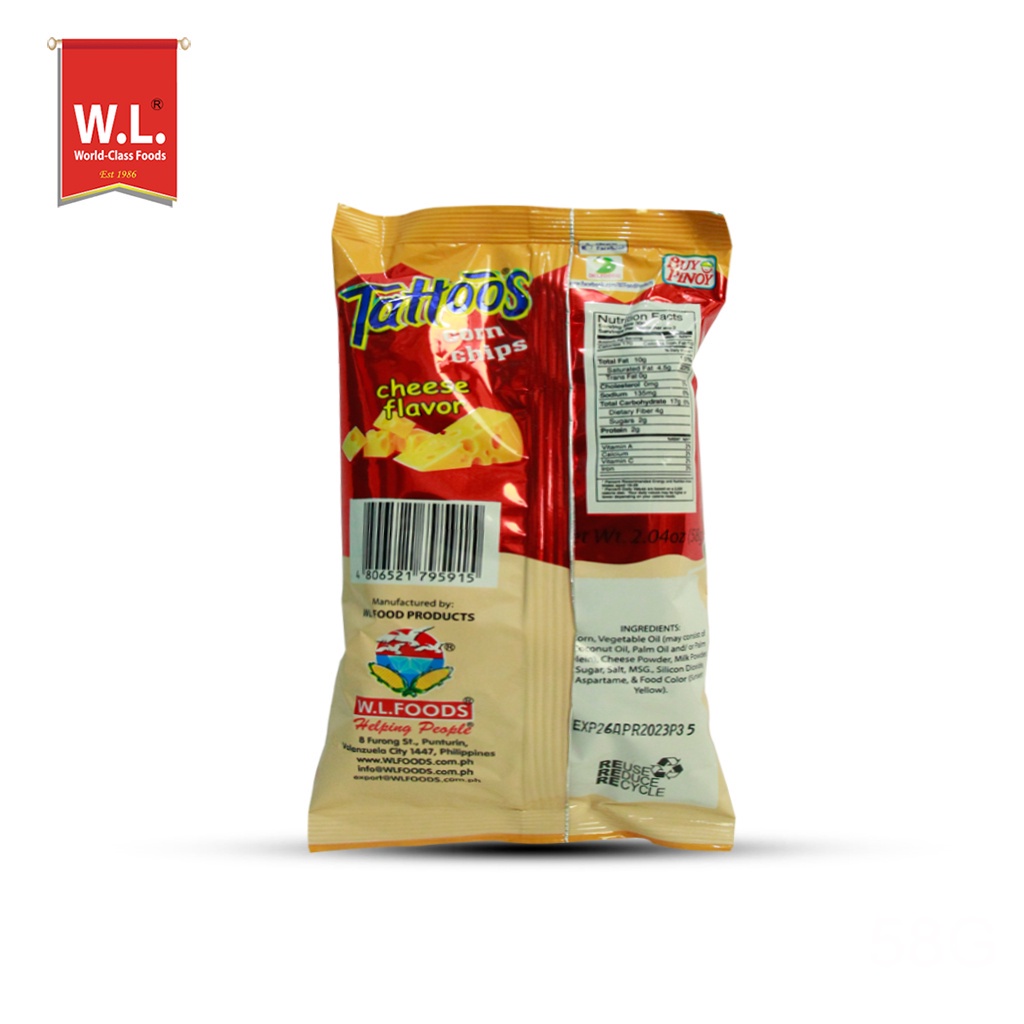 WL FOODS Tattoos Corn Chips Cheese Flavor 58g x 10's | Shopee Philippines