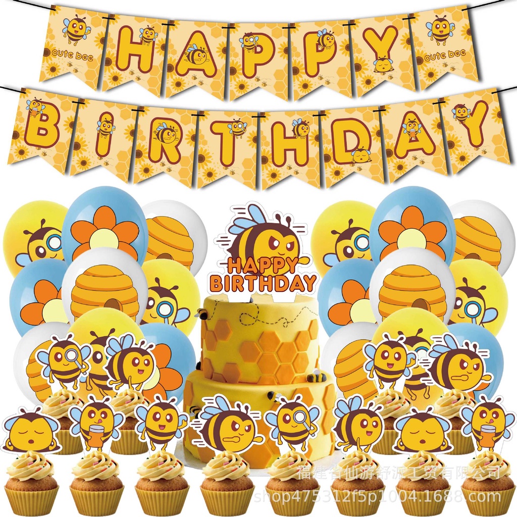 ST2 bee theme kids birthday party decorations banner cake topper ...