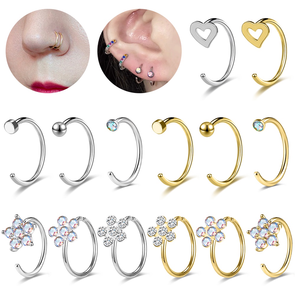 1 PC 20G/18G Stainless Steel Crystal Nostril Piercing C Shape Nose ...