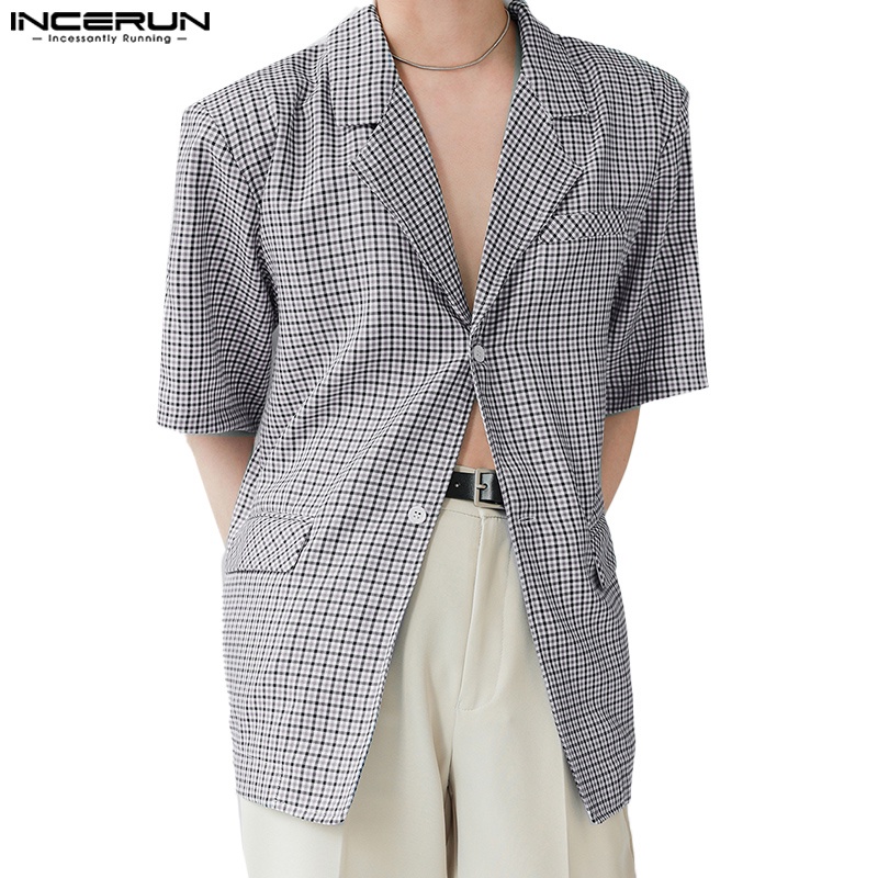 INCERUN Men's Summer Suit Windbreaker Checkered Short Sleeve Suit Coat ...
