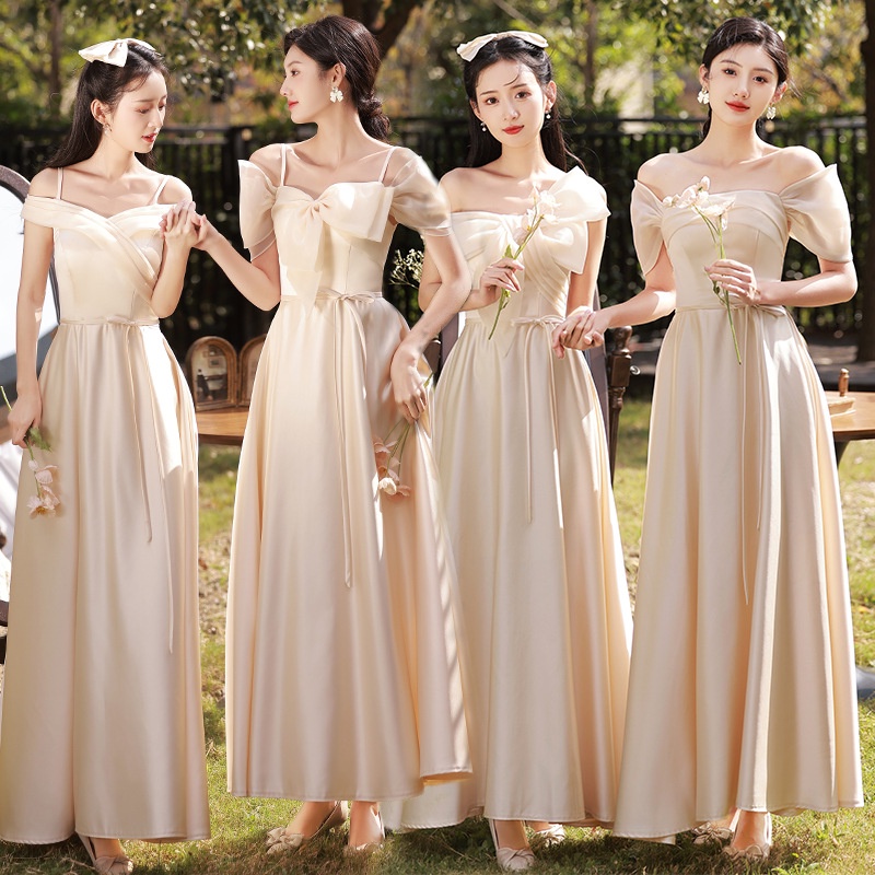 Satin Bridesmaid Dress Women's Long Thin Sisters Group Dress Champagne ...
