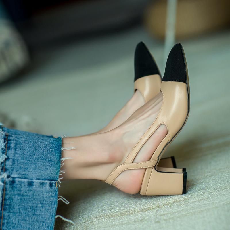 French New soft leather pointed thick heel women's back tripped high ...