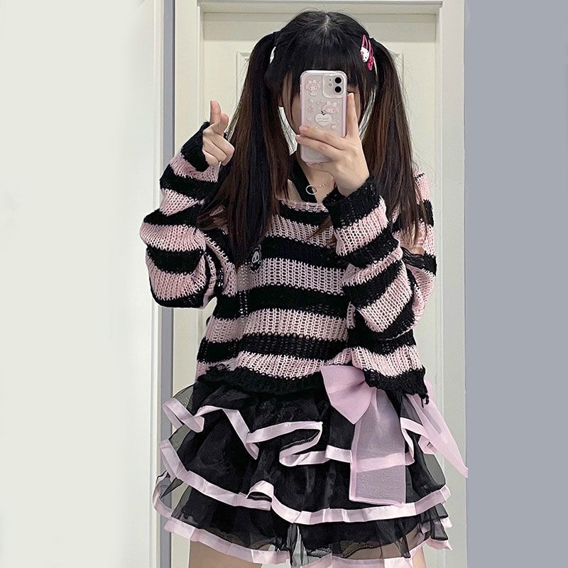Y2K Karrram Pink Striped Gothic Sweaters Women Ripped Holes Loose ...
