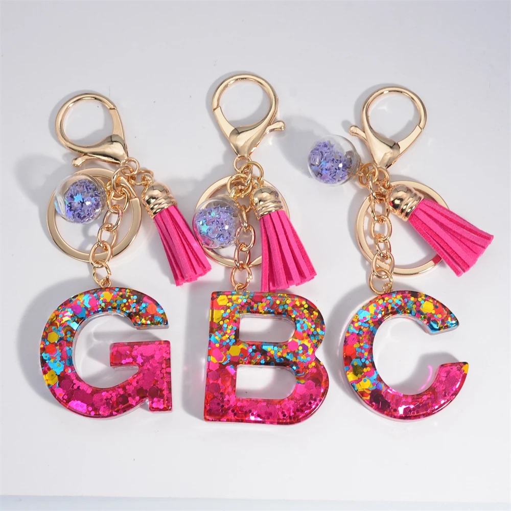 Fashion 26 Letter Resin Keychain Sequin Ball Tassel Initials Pendant ...