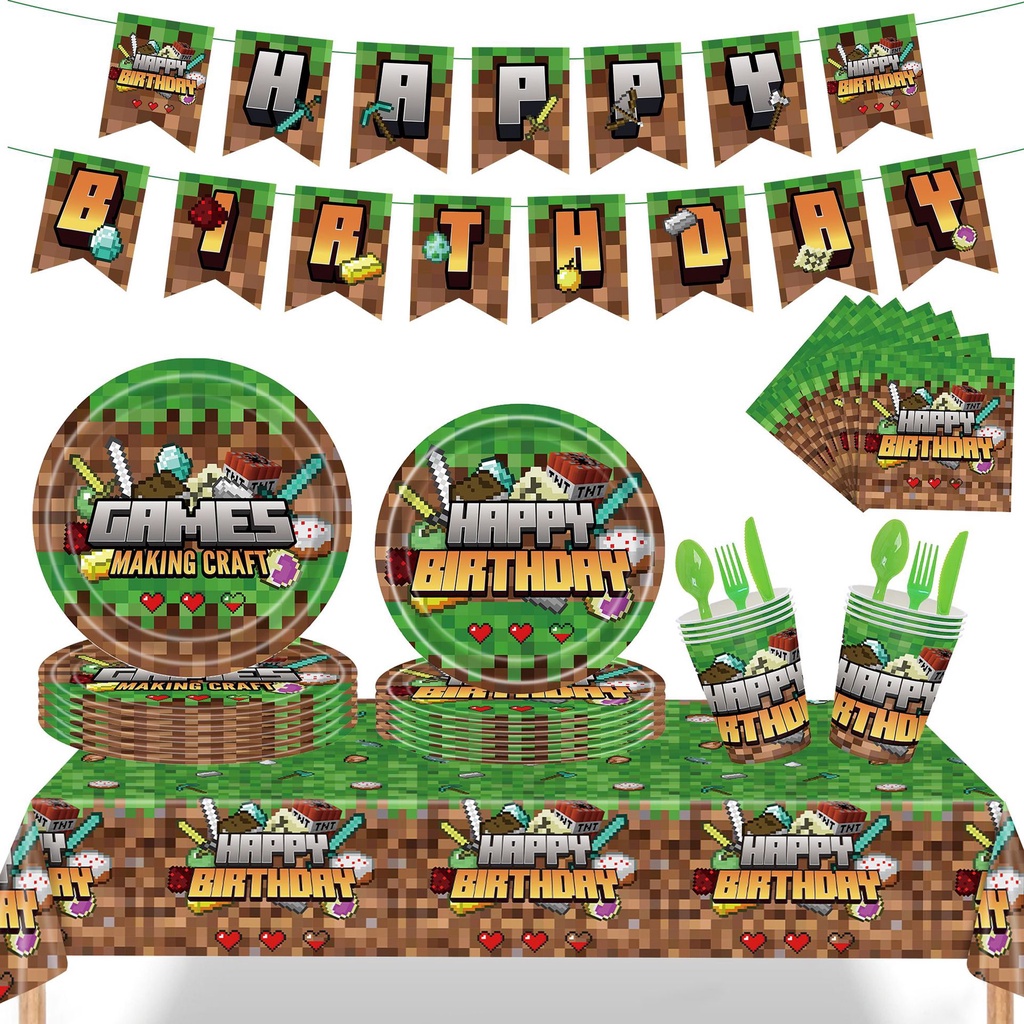 New Minecraft Themed Party Tableware Set Green Pixel Strange World ...