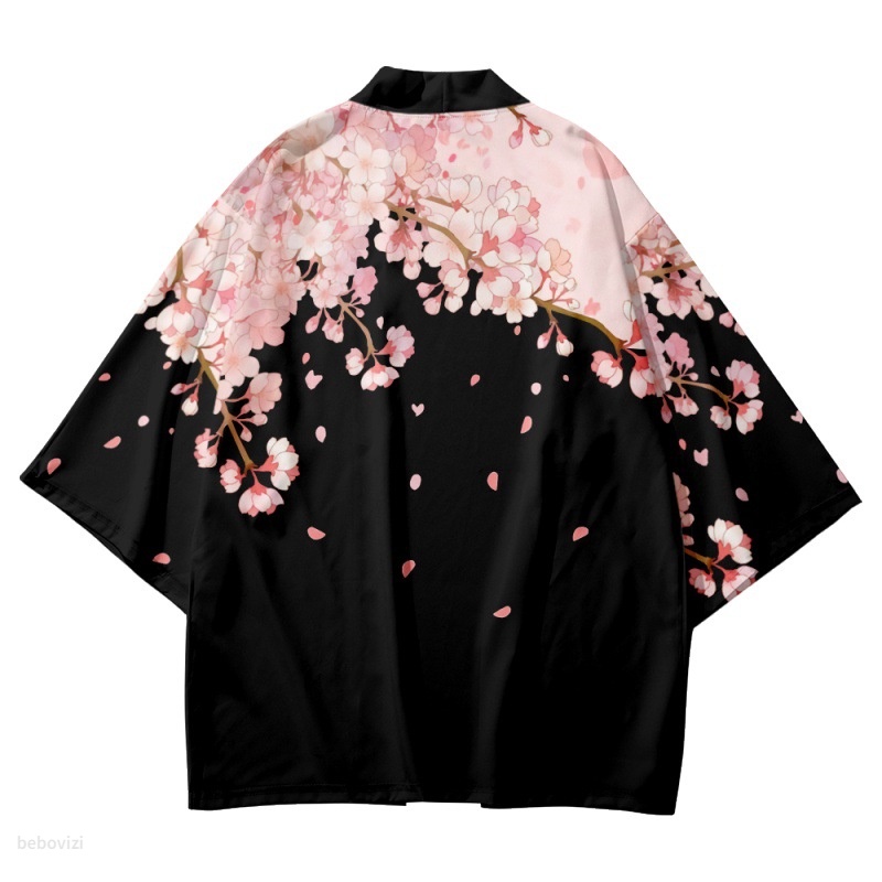 Sakura Flowers Print Yukata Men Women Fashion Cardigan Blouse Haori Obi ...