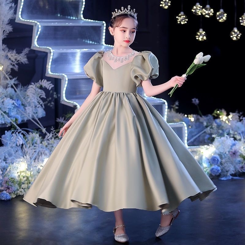 Puffy Pearl Satin Flower Girl Dress Children Ball Gown Princess Dress ...
