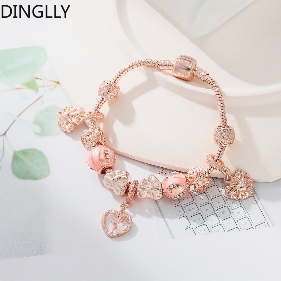 DINGLLY Angel Heart Charm Bracelet for Women Diy Rose Gold Flower Alloy ...