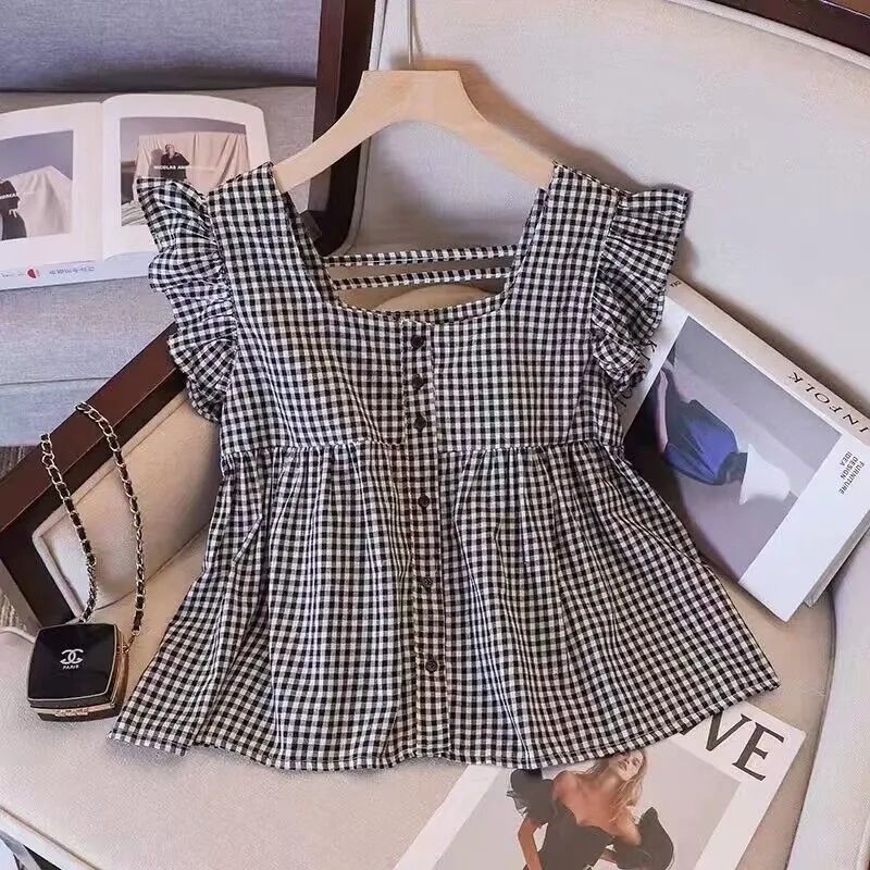 Korean cute sleeveless tops square neck cutton blouse cool plaid shirt ...