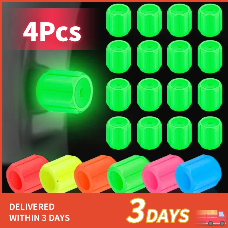 4Pcs 7Colors Luminous Green Blue Yellow Pink Valve Caps/Car Bicycle ...
