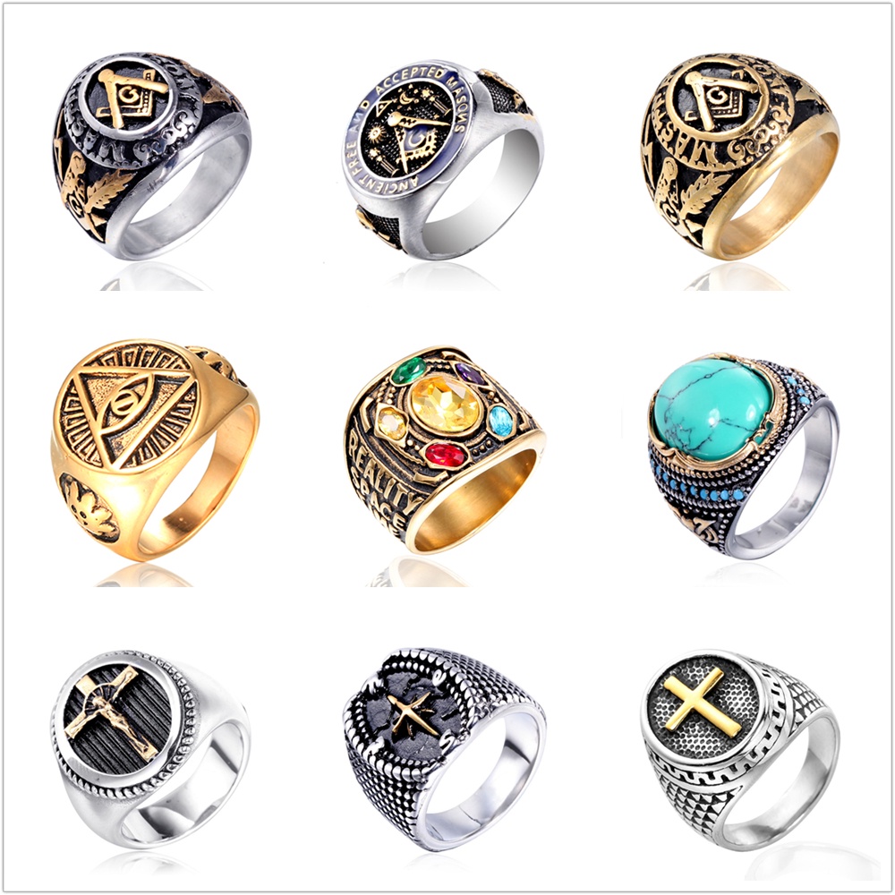 Creative Titanium Steel Ring Masonic Skull Ring Turquoise Cross ...