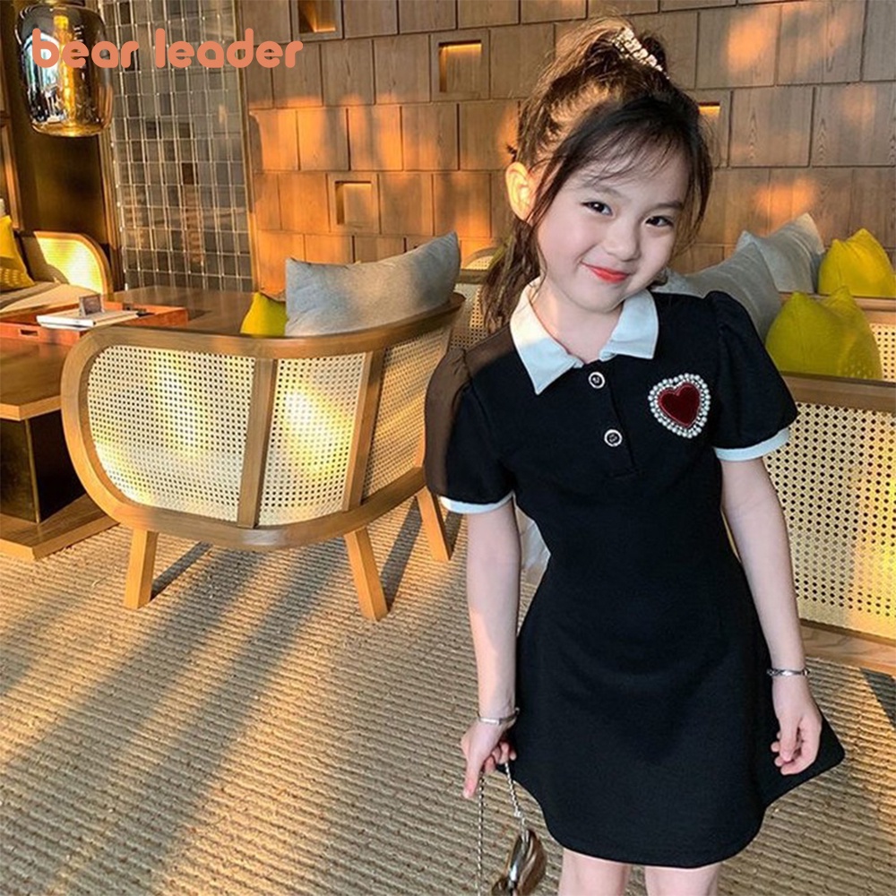 Bear Leader Dress 2024 Summer New Girls Solid Color Love Bright Diamond ...