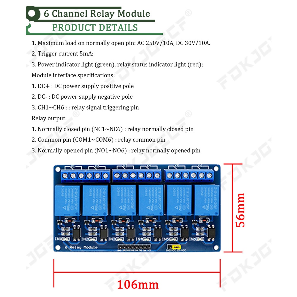 DC 5V 6 Channel Relay Module with Light Coupling Optocoupler Insulation ...